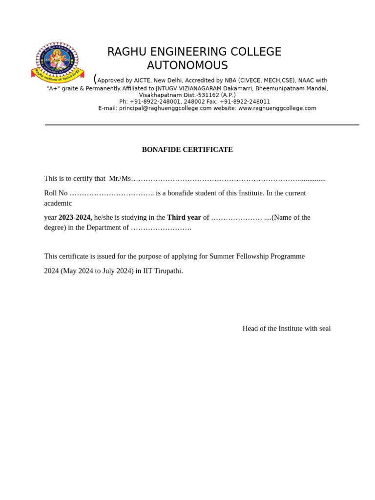 Raghu Engineering College Autonomous (: Bonafide Certificate | PDF