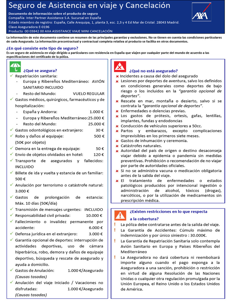 Ipid Axa Assistance Viaje | PDF