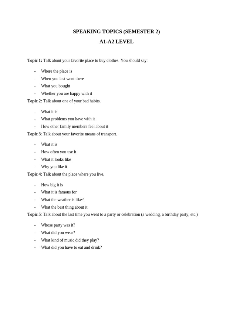 A1-A2 Speaking Topics - English 2 | PDF