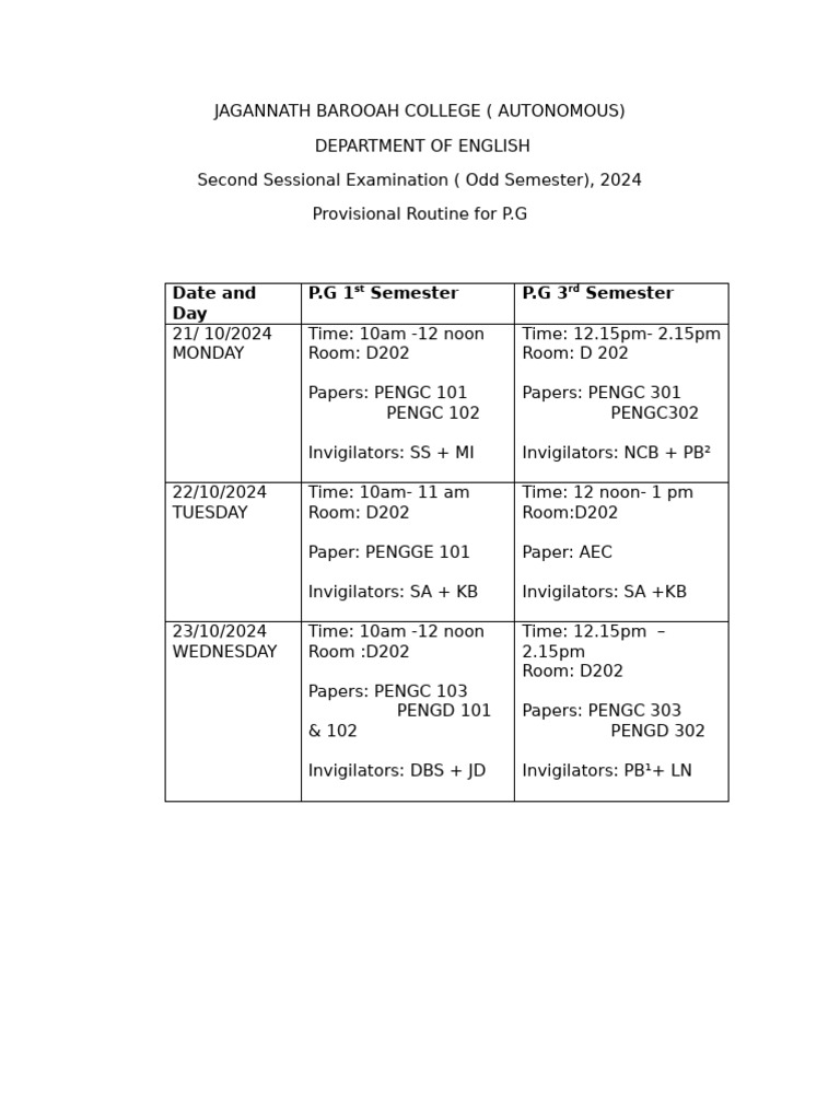 Routine For Second Sessional | PDF
