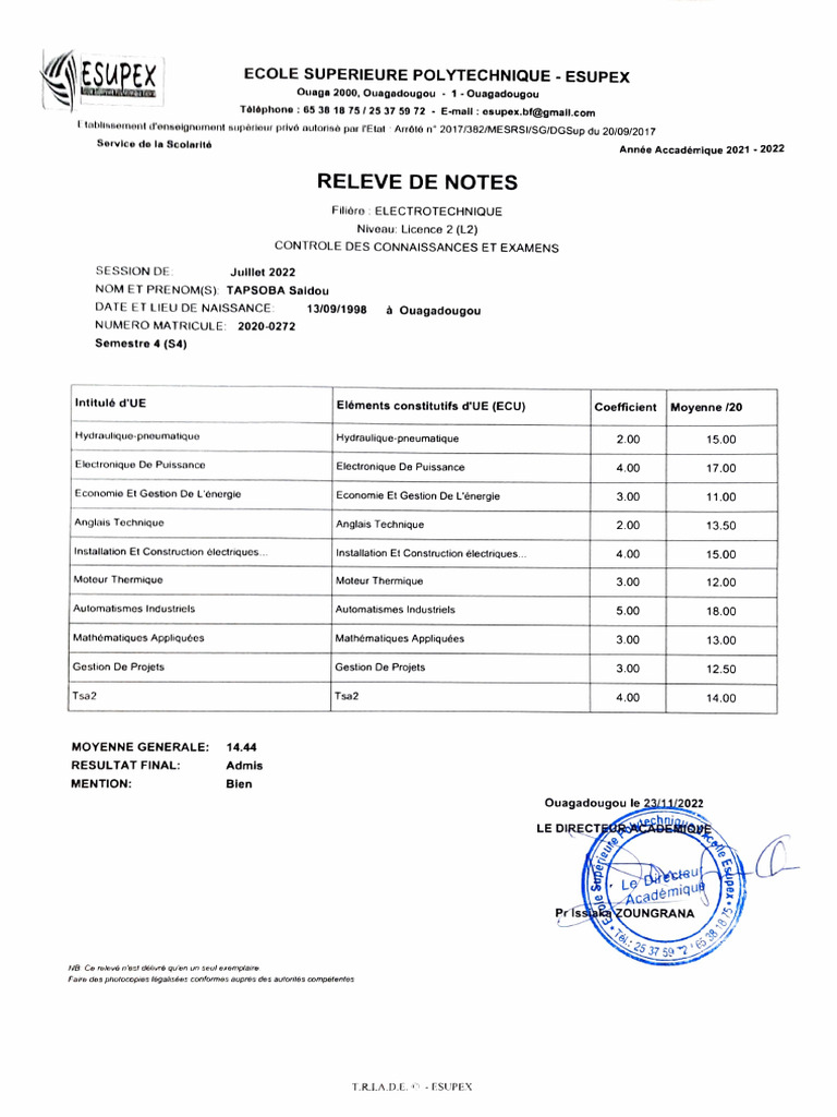Relevés de Note s4 Papou | PDF