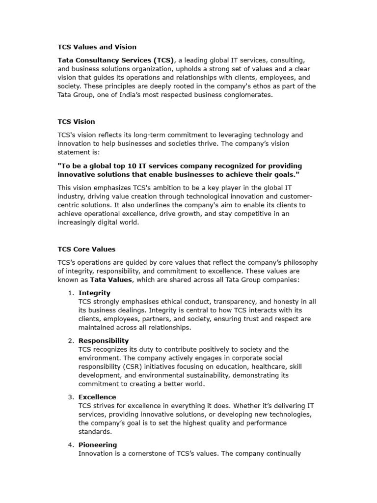 TCS - Values & Vision | PDF