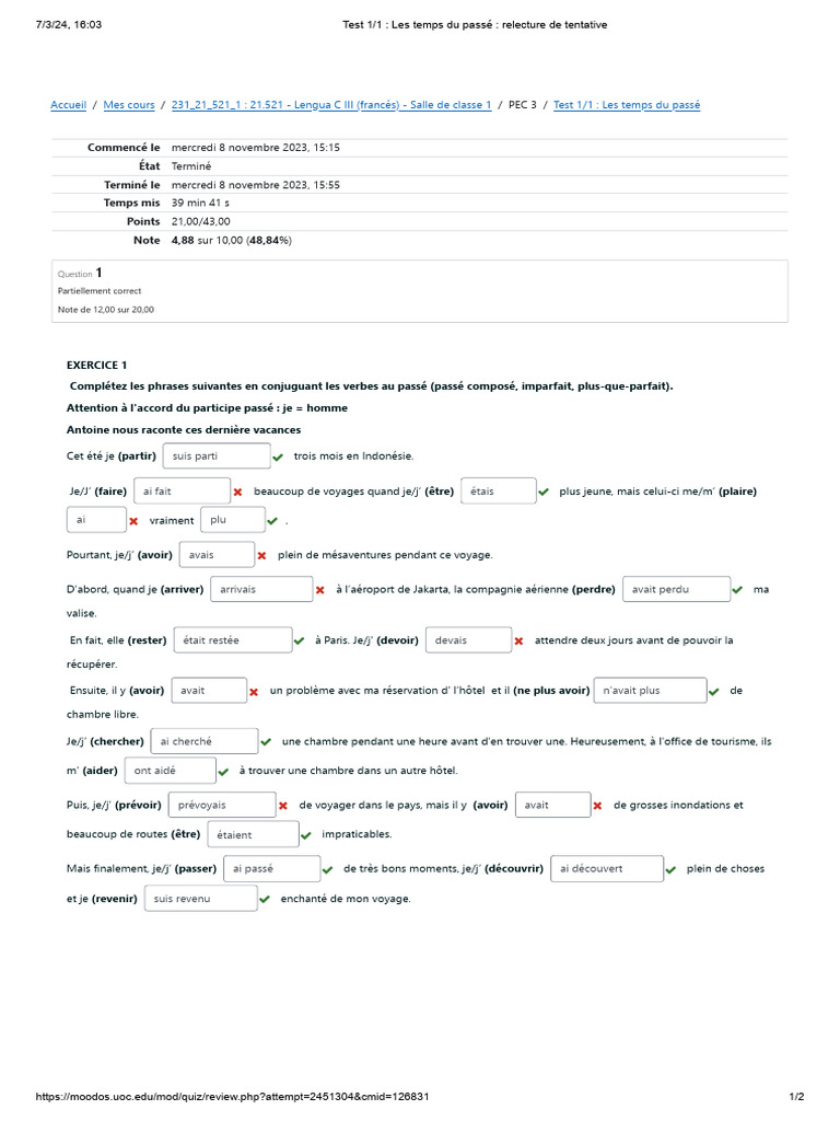Test 1 - 1 - Les Temps Du Passé - Francés III UOC | PDF