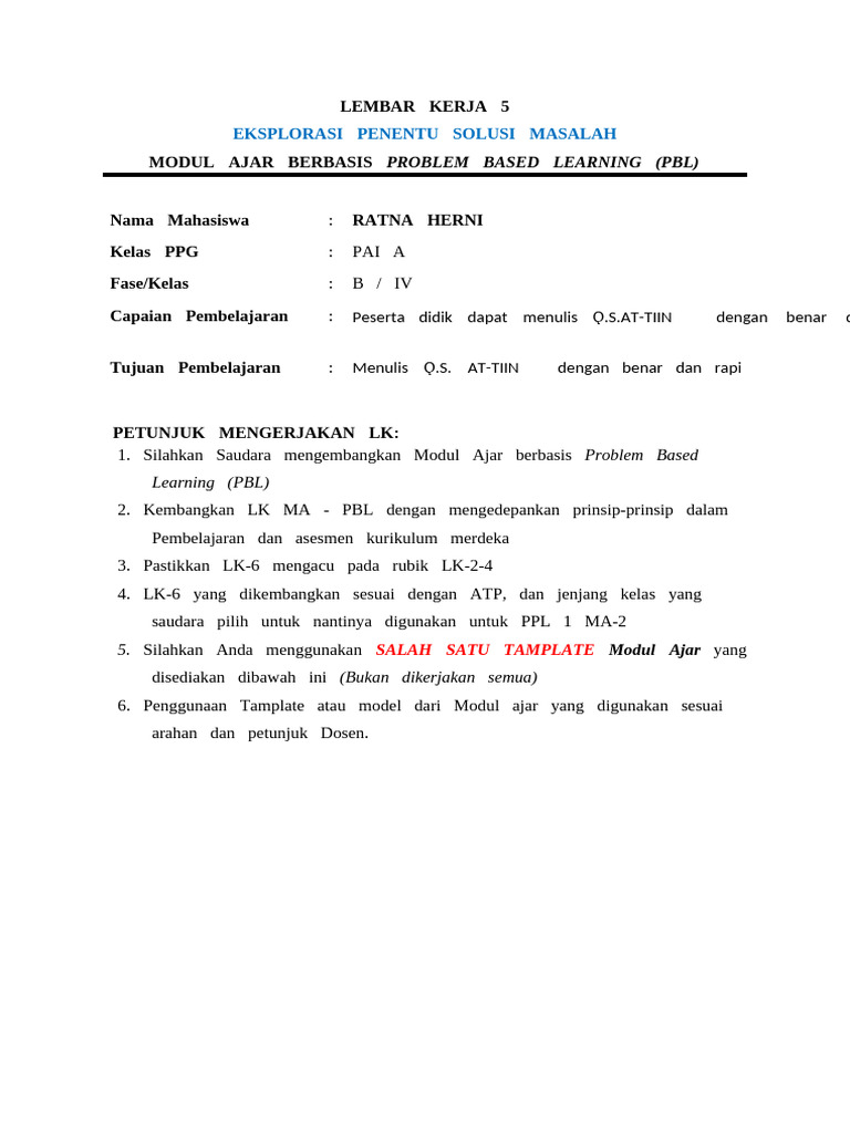 LK 5 - Penyusunan Modul Ajar PBL RATNA HERNI[1] | PDF