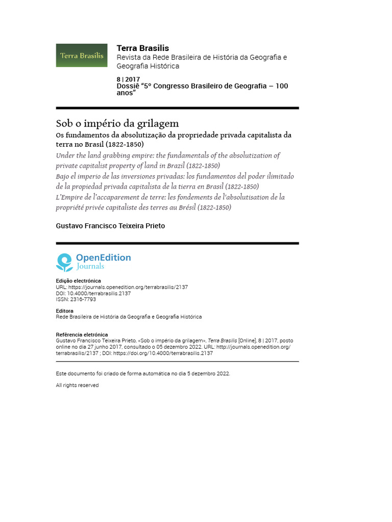 PRIETO, Gustavo. Sob o Império Da Grilagem | PDF