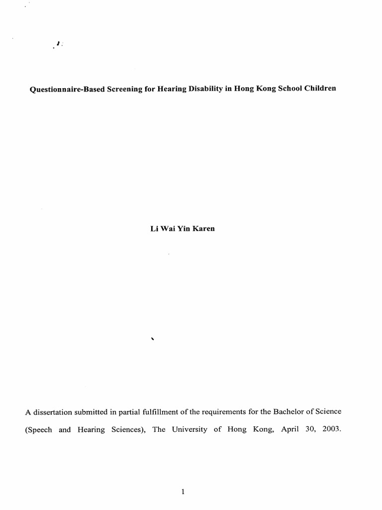 Questionnaire Based Screening For Hearing Disability in HK School ...