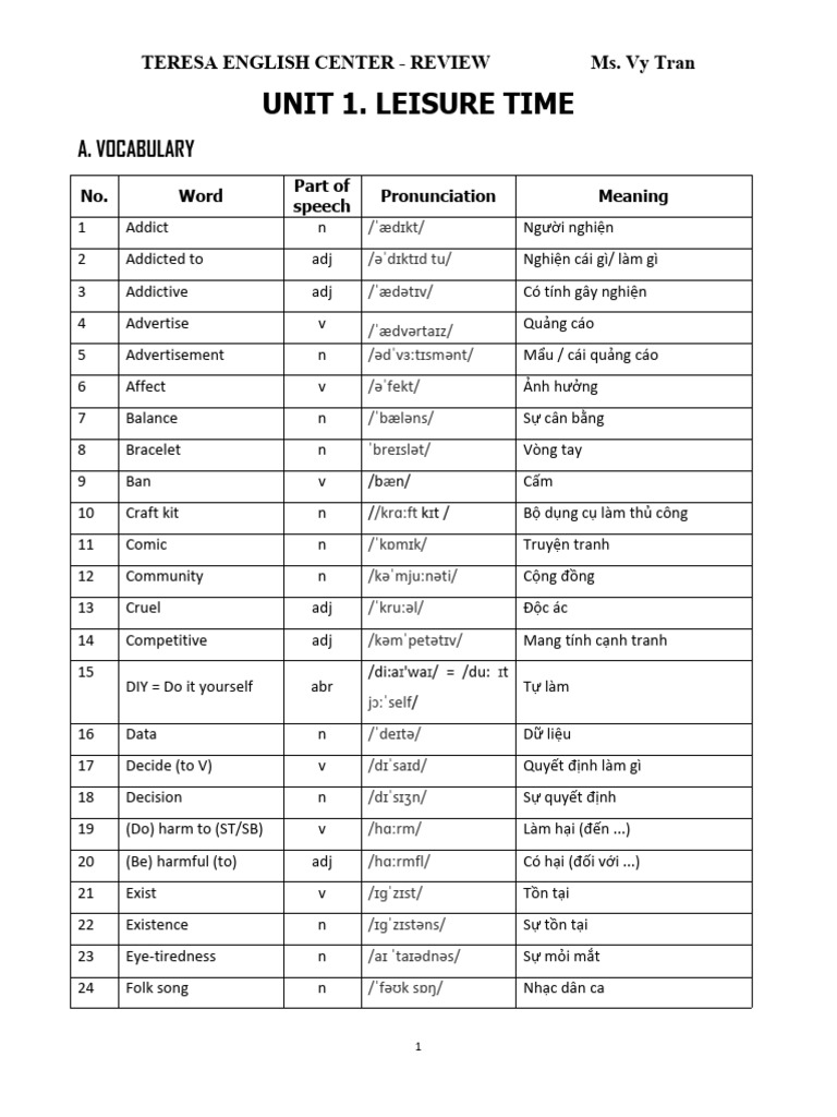 Bài tập bổ trợ Anh 8. U1. LEISURE TIME | PDF