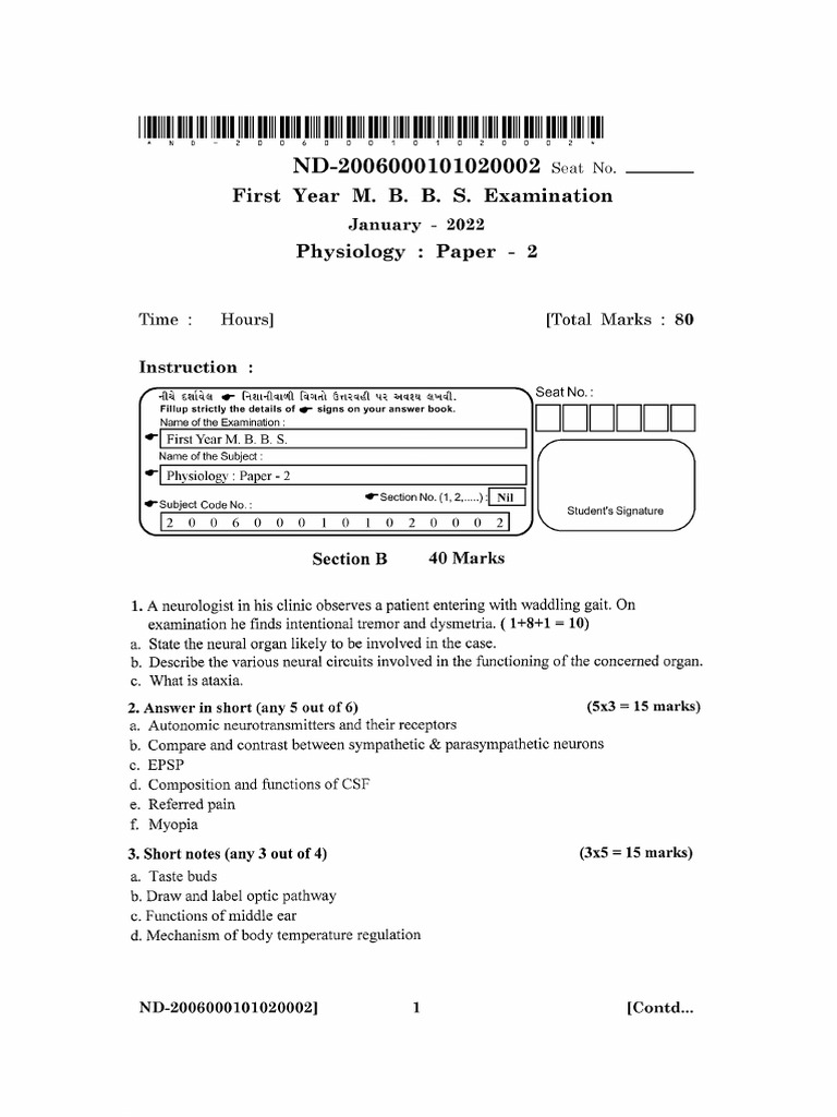 Nd 2006000101020002 First Year M B B S Examination January 2022 Physiology Paper 2 1