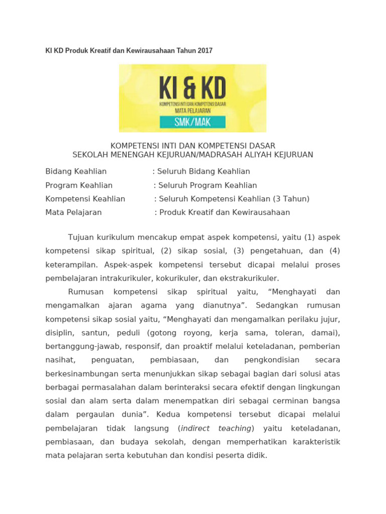 KI KD Produk Kreatif Dan Kewirausahaan Tahun 2017 | PDF