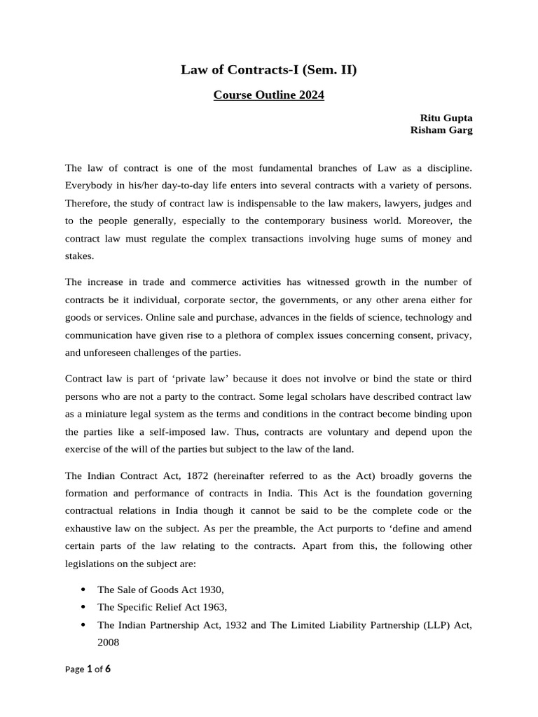 Law of Contract Course Outline 2024 | PDF