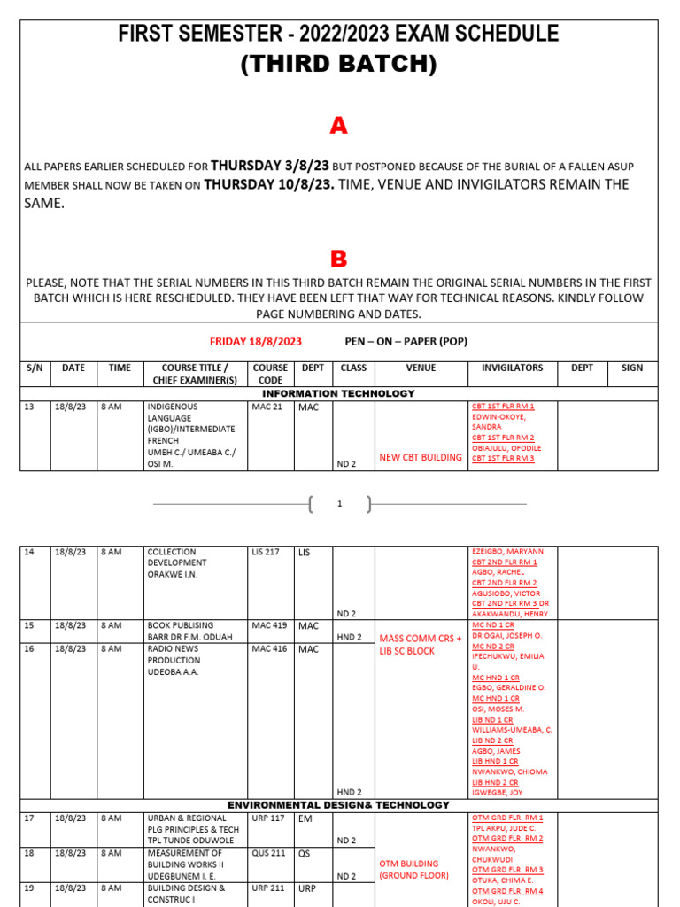 2022.23 1st Sem Schedule Third Batch With Invigilators | PDF