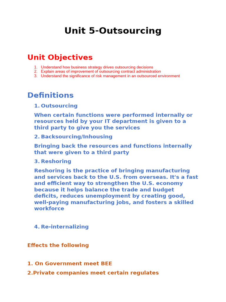 Unit 5 Outsourcing | PDF | Outsourcing | Business