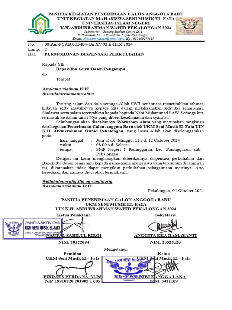 Surat Dispen Panitia Workshop Alam | PDF