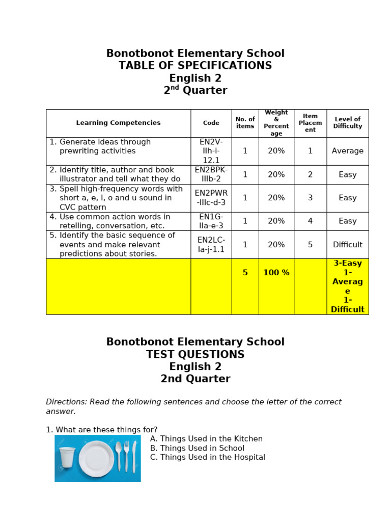 English 2 Test Specifications | PDF