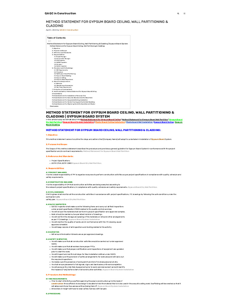 Method Statement For Gypsum Board Ceiling, Wall Partitioning & Cladding ...