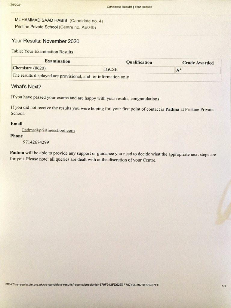 Muhammad Saad Habib IGCSE Chemistry Results | PDF