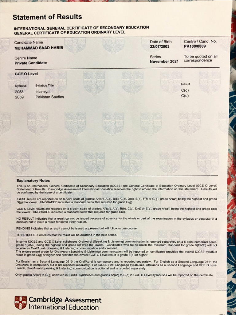 Muhammad Saad Habib IGCSE Pak Studies & Islamiyat Results | PDF