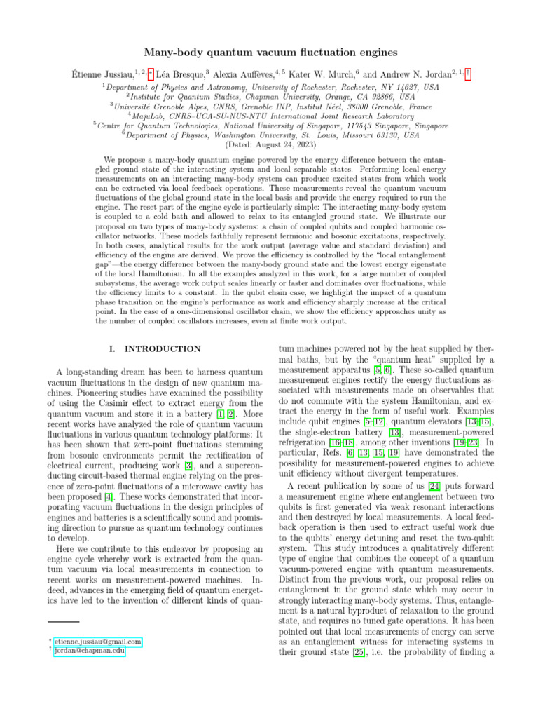 Many-Body Quantum Vacuum Fluctuation Engines: Jordan@chapman - Edu | PDF