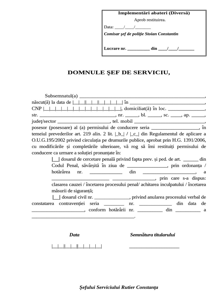 Anexa 8 - Cerere Restit - Permis de Conducere in Baza Ord ...