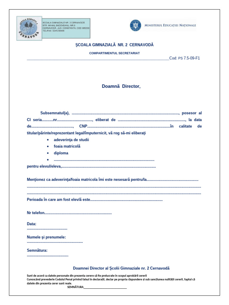 Cerere de Eliberare Adeverinta de Studii-Foaie Matricola | PDF