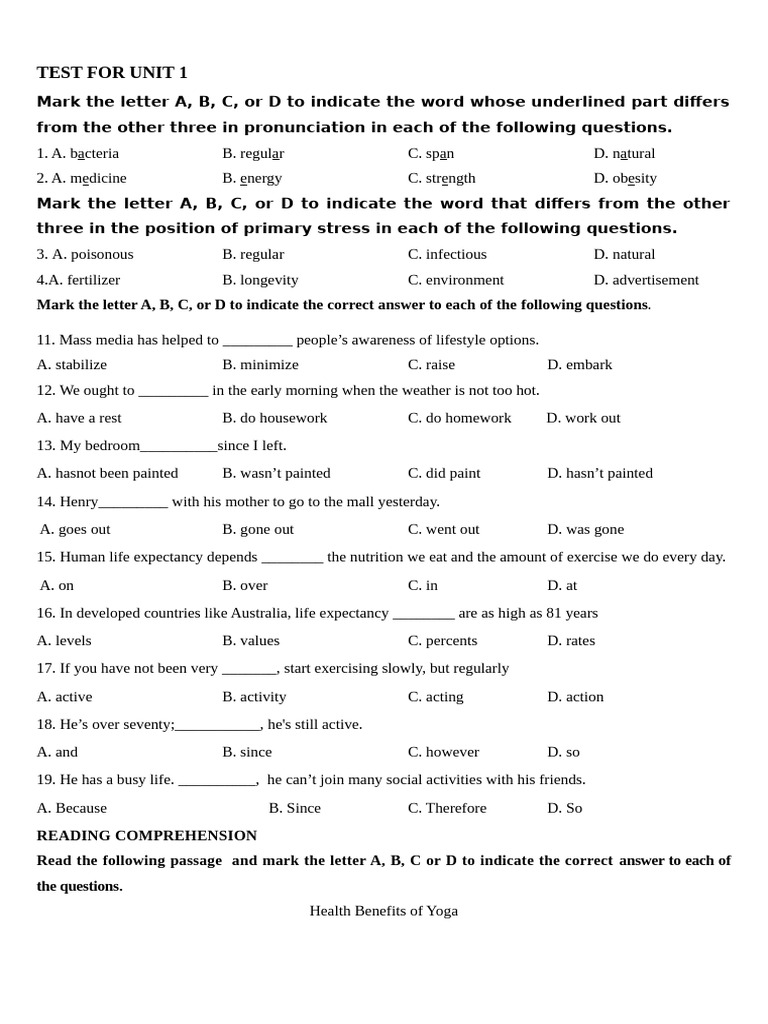 TEST FOR UNIT 1 - đề | PDF