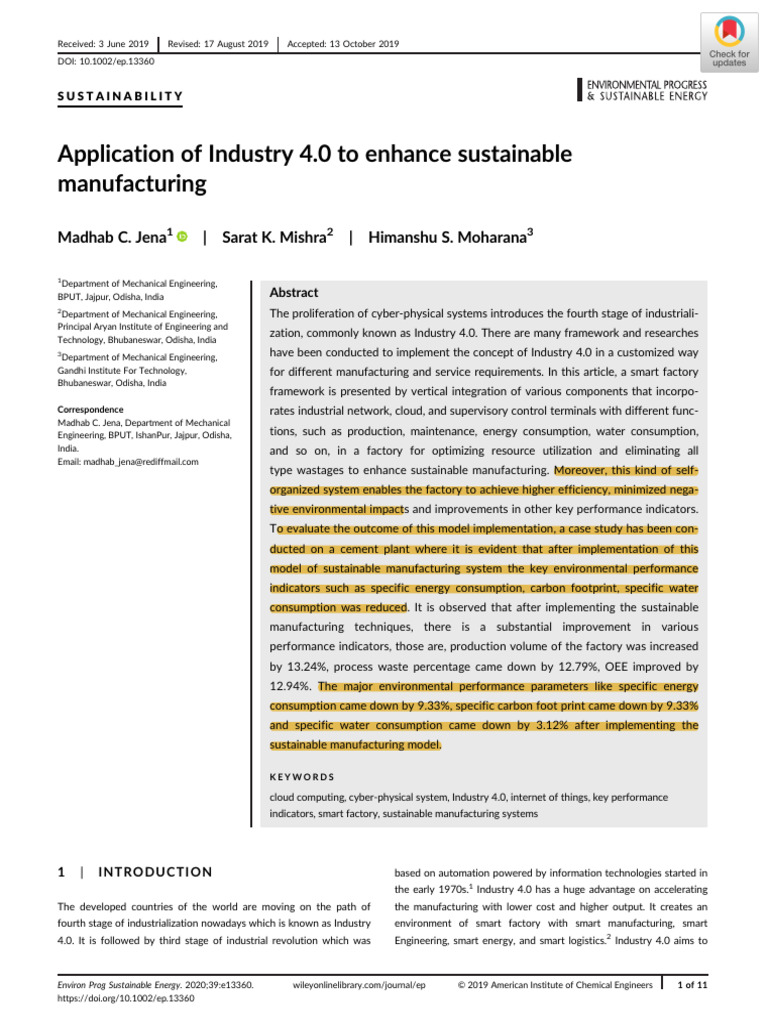 Application of Industry 4.0 To Enhance Sustainable Manufacturing | PDF