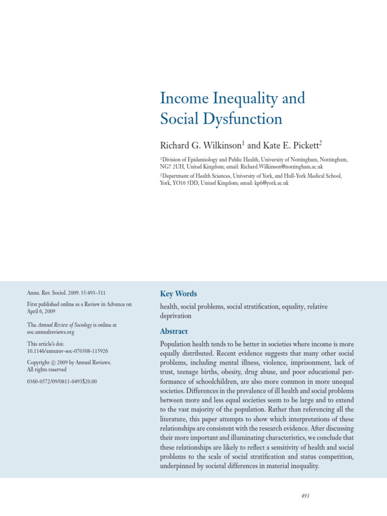 Wilkinson - Pickett - Income Inequality and Social Dysfunction - 2009 | PDF