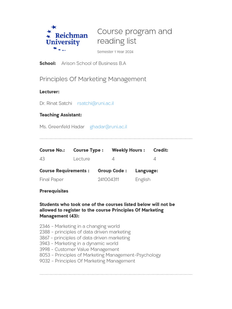 Course Program and Reading List: Principles of Marketing Management | PDF