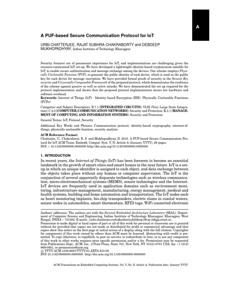 A Puf-Based Secure Communication Protocol For Iot: Urbi Chatterjee ...