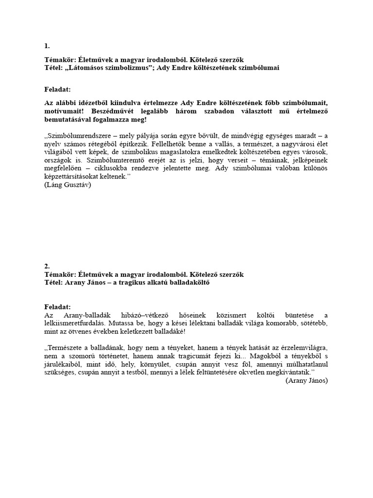 Irodalom 2024 2025 | PDF