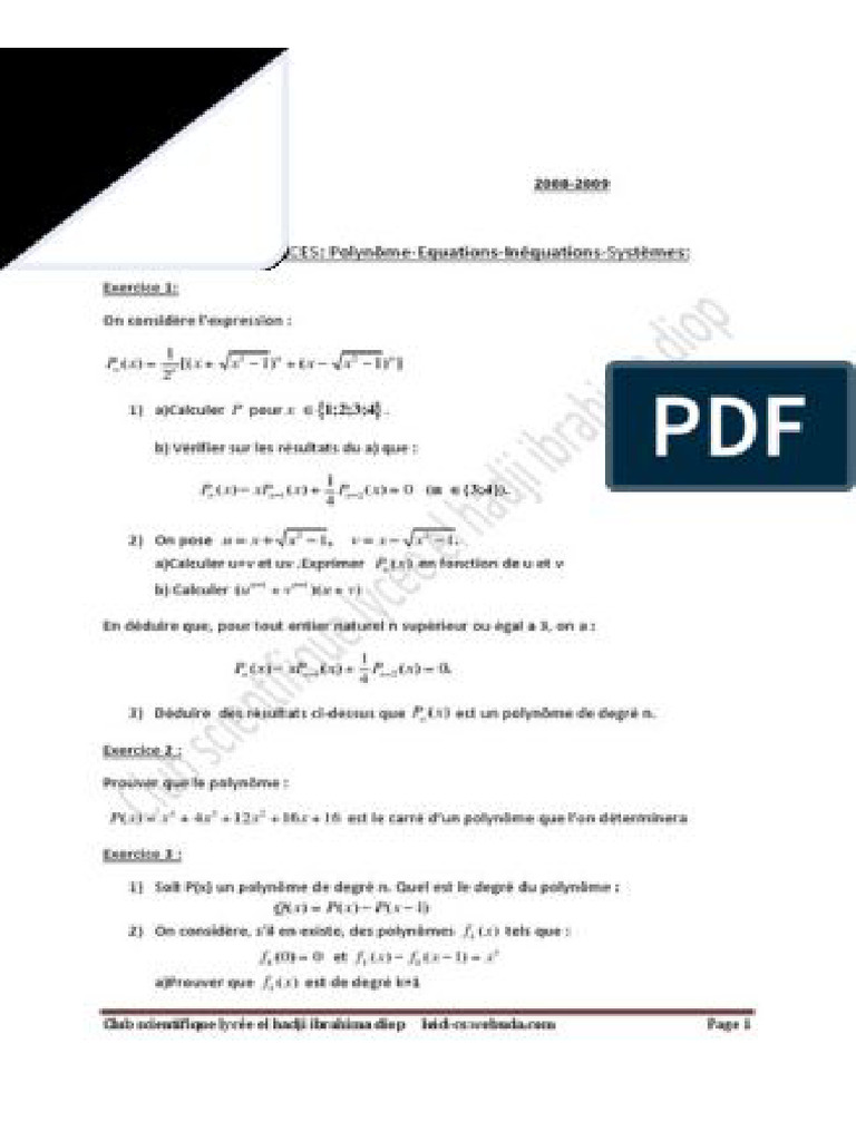 Série D'exercices Polynôme 1ère S1 | PDF