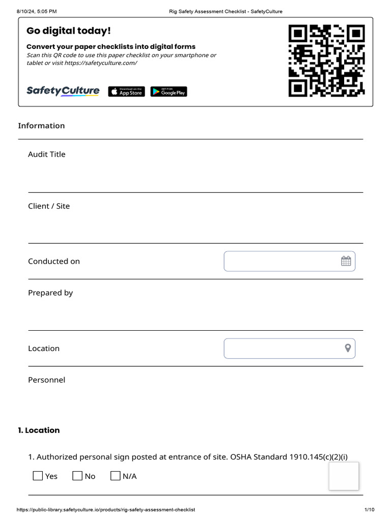 Rig Safety Assessment Checklist - SafetyCulture | PDF