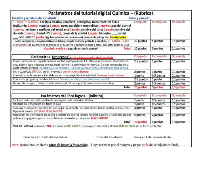 Parámetros Rúbrica Bachillerato en Tutorial Libro 2024 Química | PDF