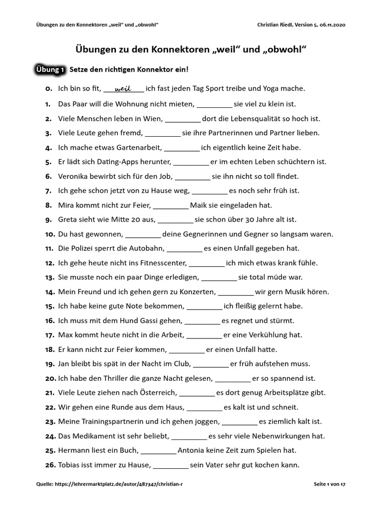Übungen - Konnektoren 'Weil' Und 'Obwohl' (V5) | PDF