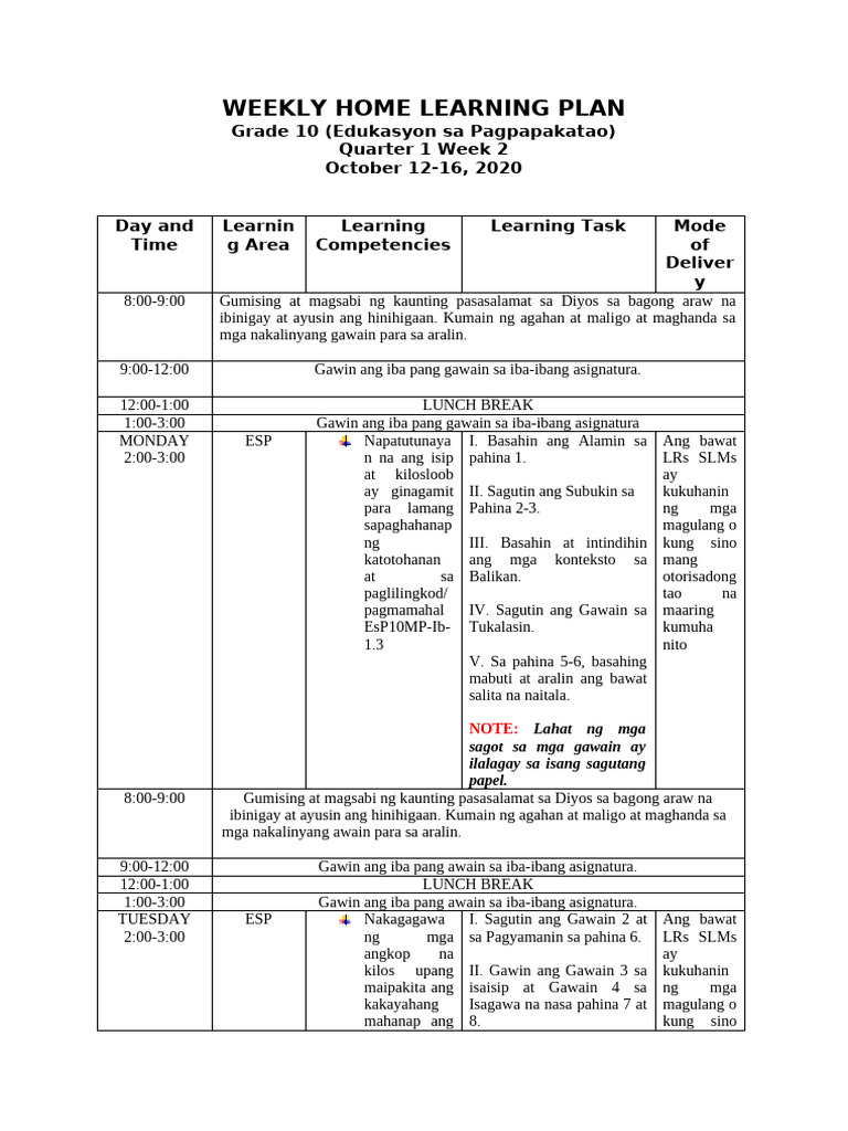 Weekly Home Learning Plan Quarter 1 Week 2 | PDF | Language Arts & Discipline