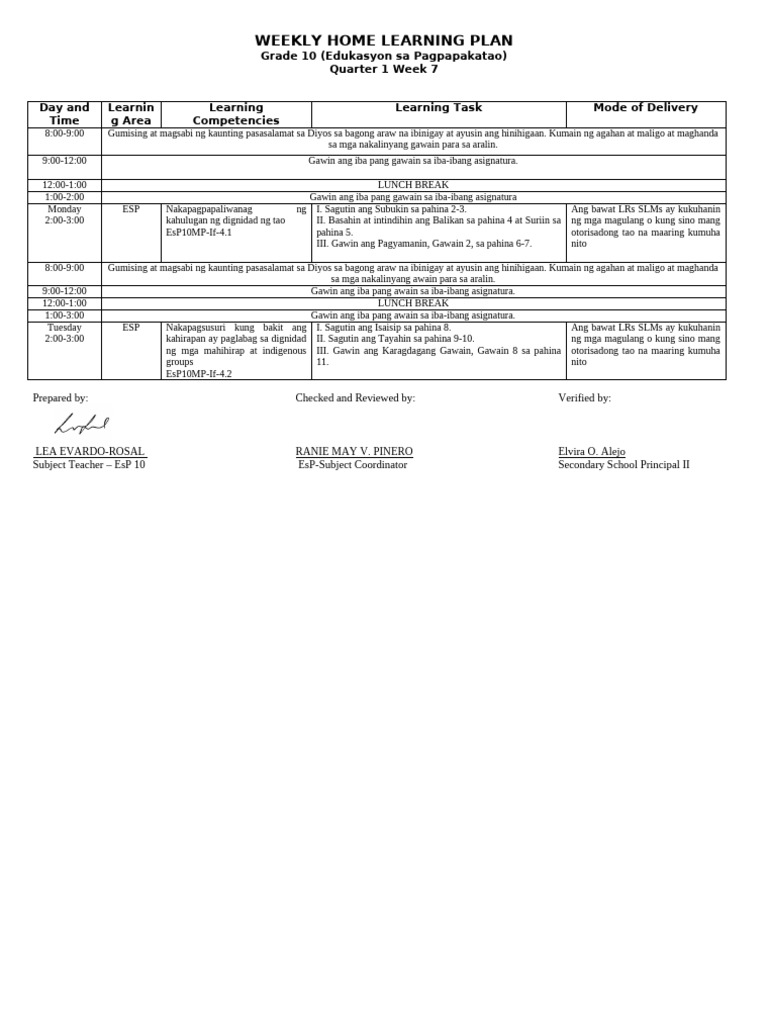 Weekly Home Learning Plan Quarter 1 Week 7 | PDF