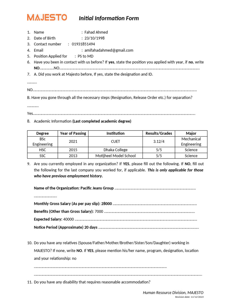 Initial Information Form_MAJESTO | PDF