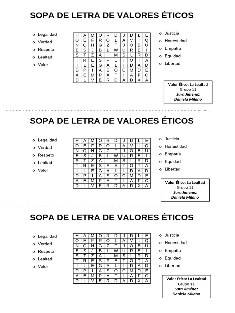 Sopa de Letra de Valores Éticos | PDF
