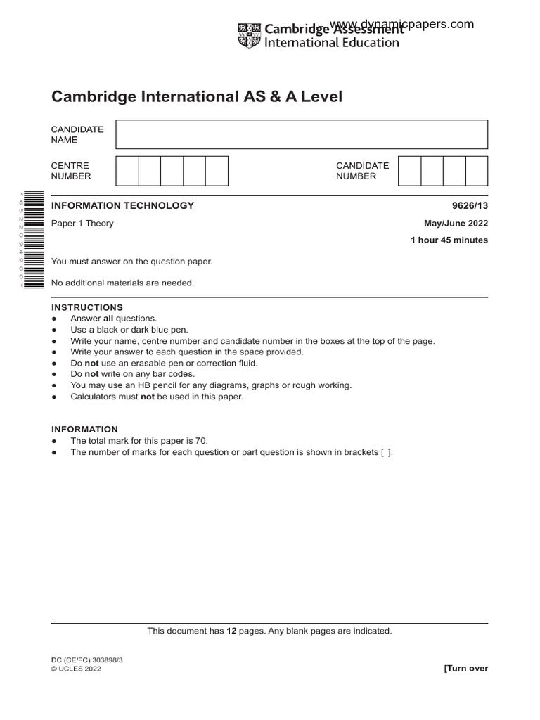 Cambridge International AS & A Level: Information Technology 9626/13 | PDF