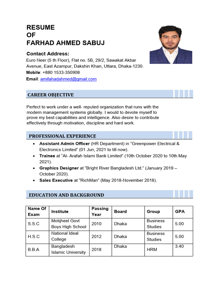Farhad Ahmed Sabuj CV-1 | PDF