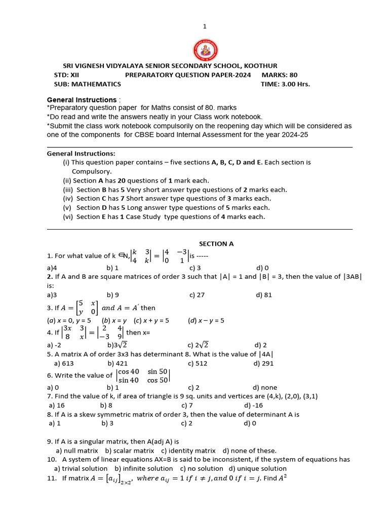 Xii Maths Preparatory Question | PDF
