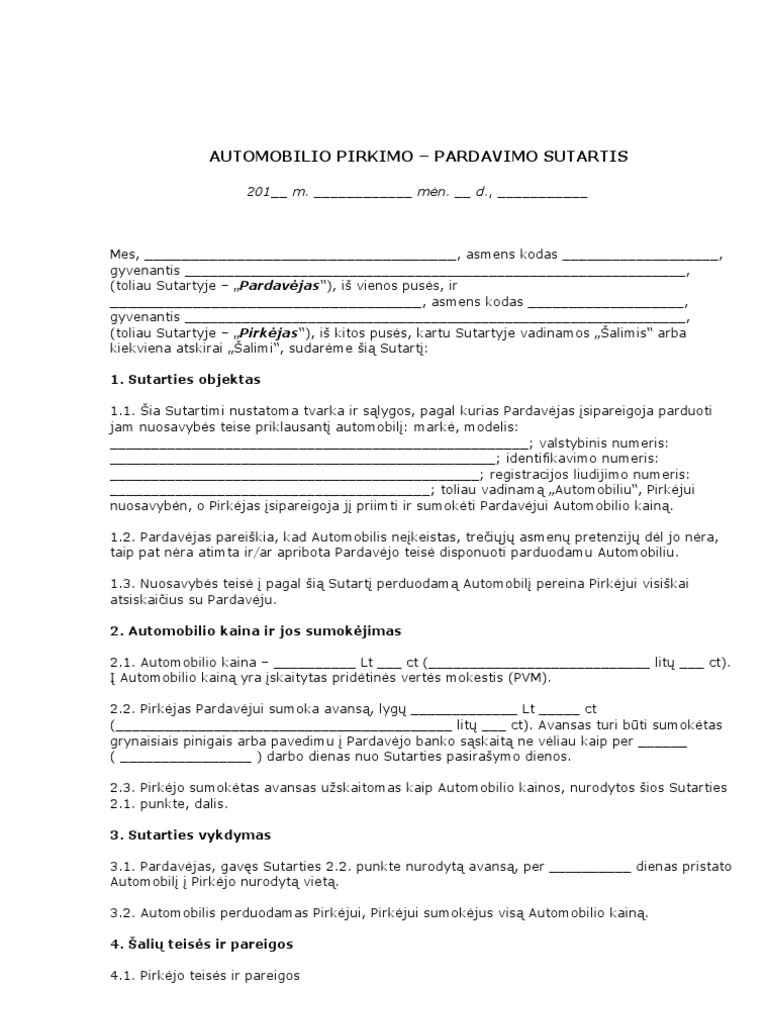 Automobilio Pirkimo Pardavimo Sutartis | PDF