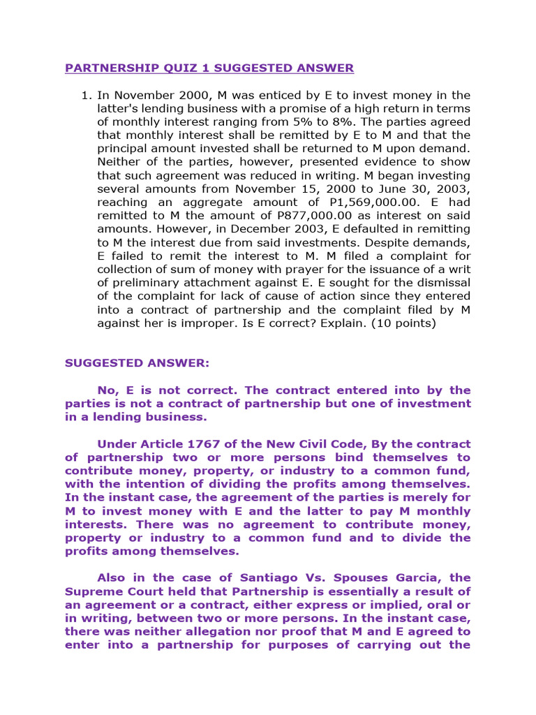 Partnership Quiz 1 Suggested Answer | PDF