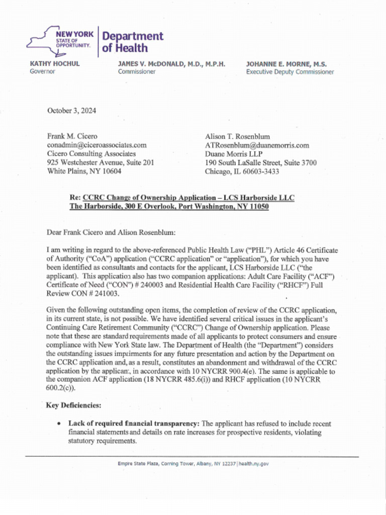 NY DOH Letter To LCS Harborside LLC 10.3.2024 | PDF
