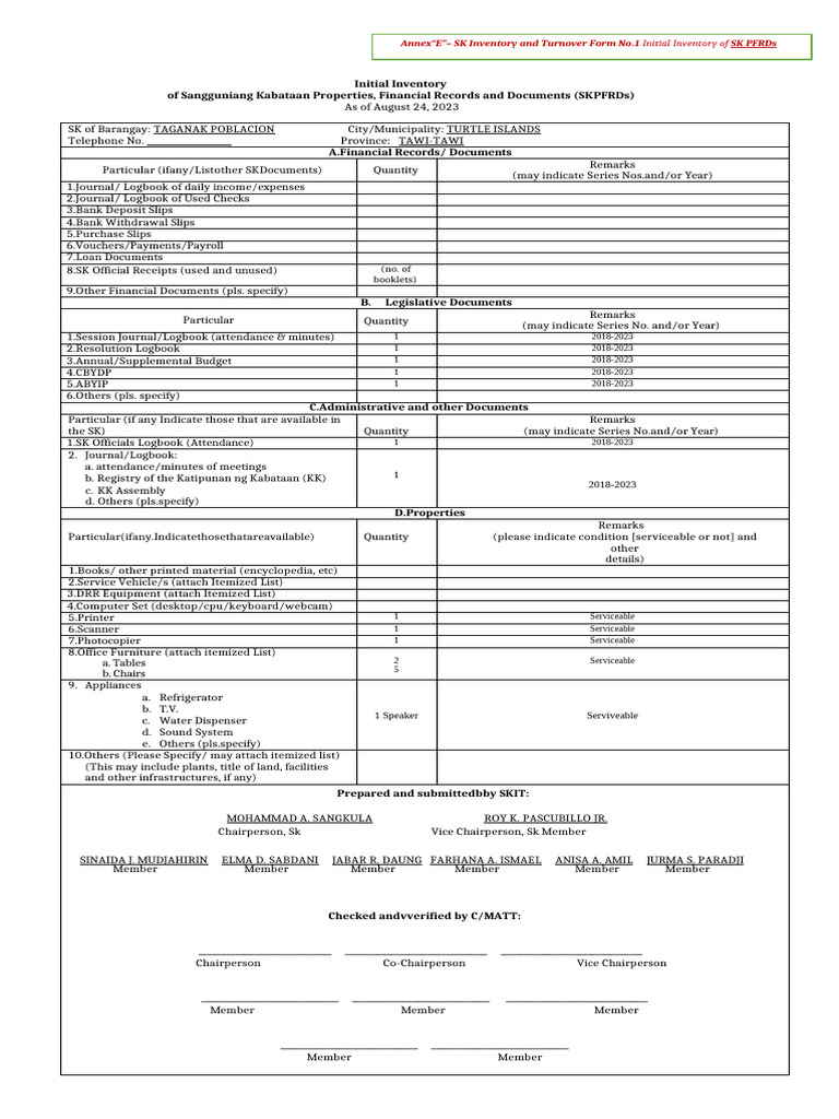 SK Inventory and Turnover Form No. 1 Initial Inventory of SK PFRDs ...
