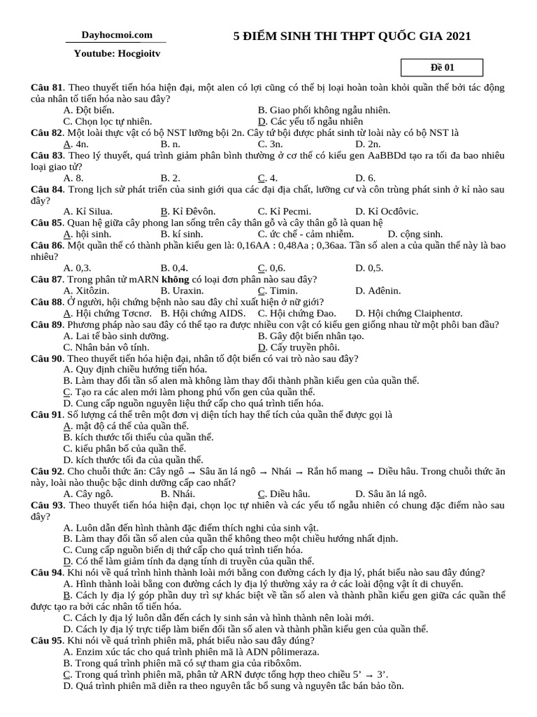 5 điêm sinh Thi THPT QG 2021- ĐỀ 1 | PDF
