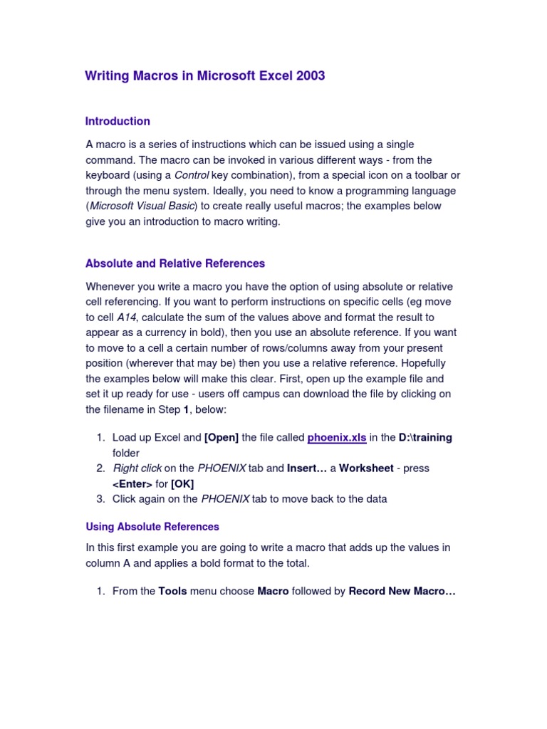 Writing Macros in Microsoft Excel 2003 | PDF | Microsoft Excel ...