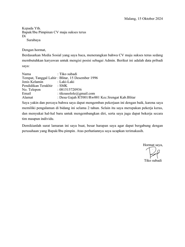 Surat Lamaran Sebagai Admin | PDF