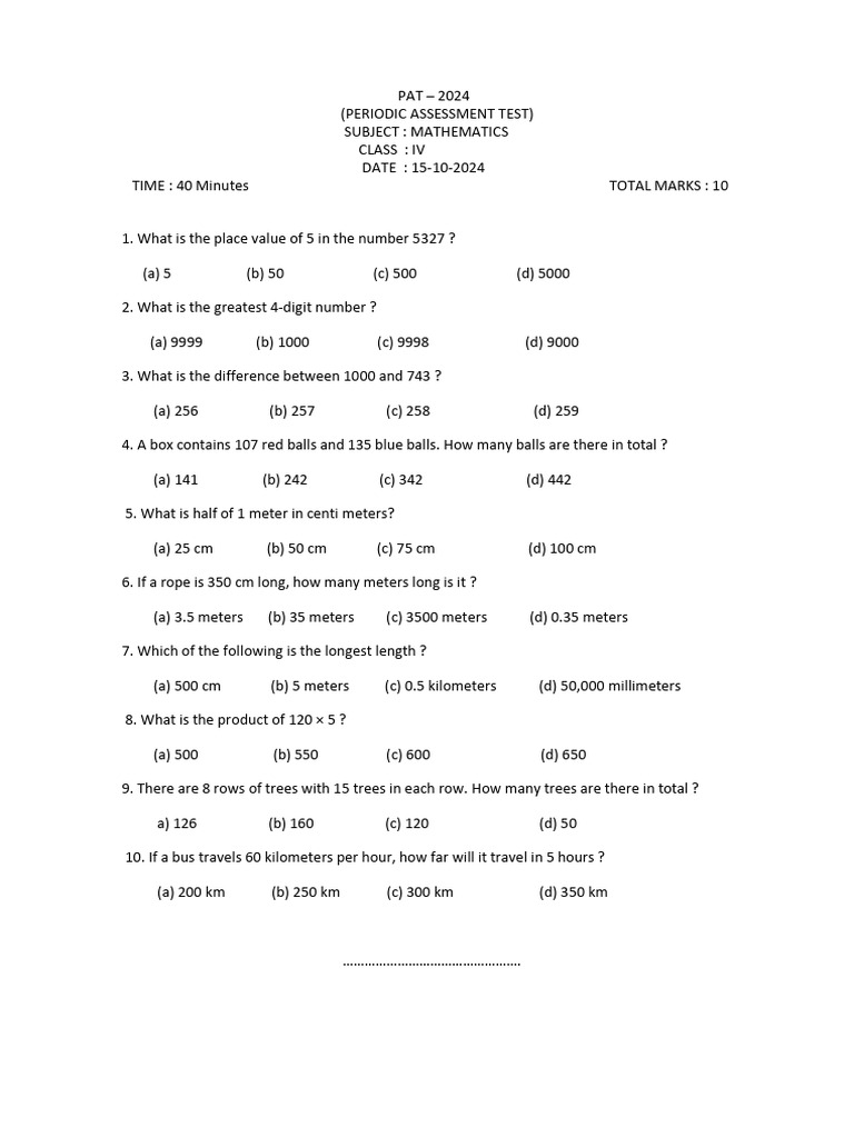 PAT-2024, Maths Question Paper, Class-4 | PDF | Mathematics | Units Of ...