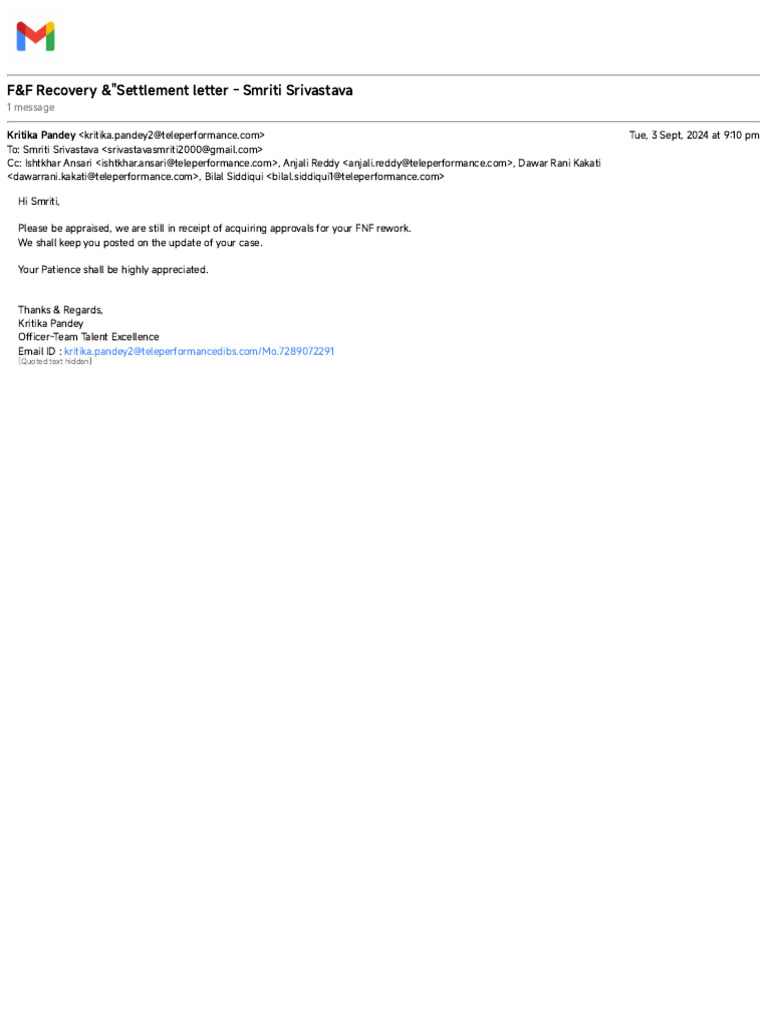 Gmail - F&F Recovery & - Settlement Letter - Smriti Srivastava 1 | PDF